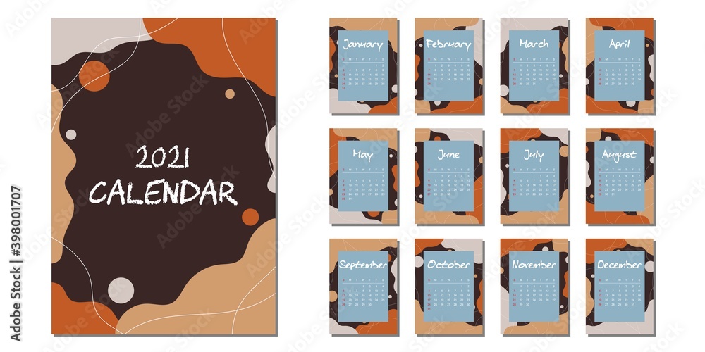 2021 Calendar template, set of 12 months, week start from Sunday ...