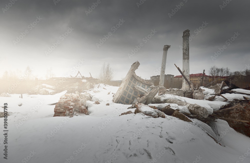 Dramatic sky with dark clouds above the ruins of an old building ...