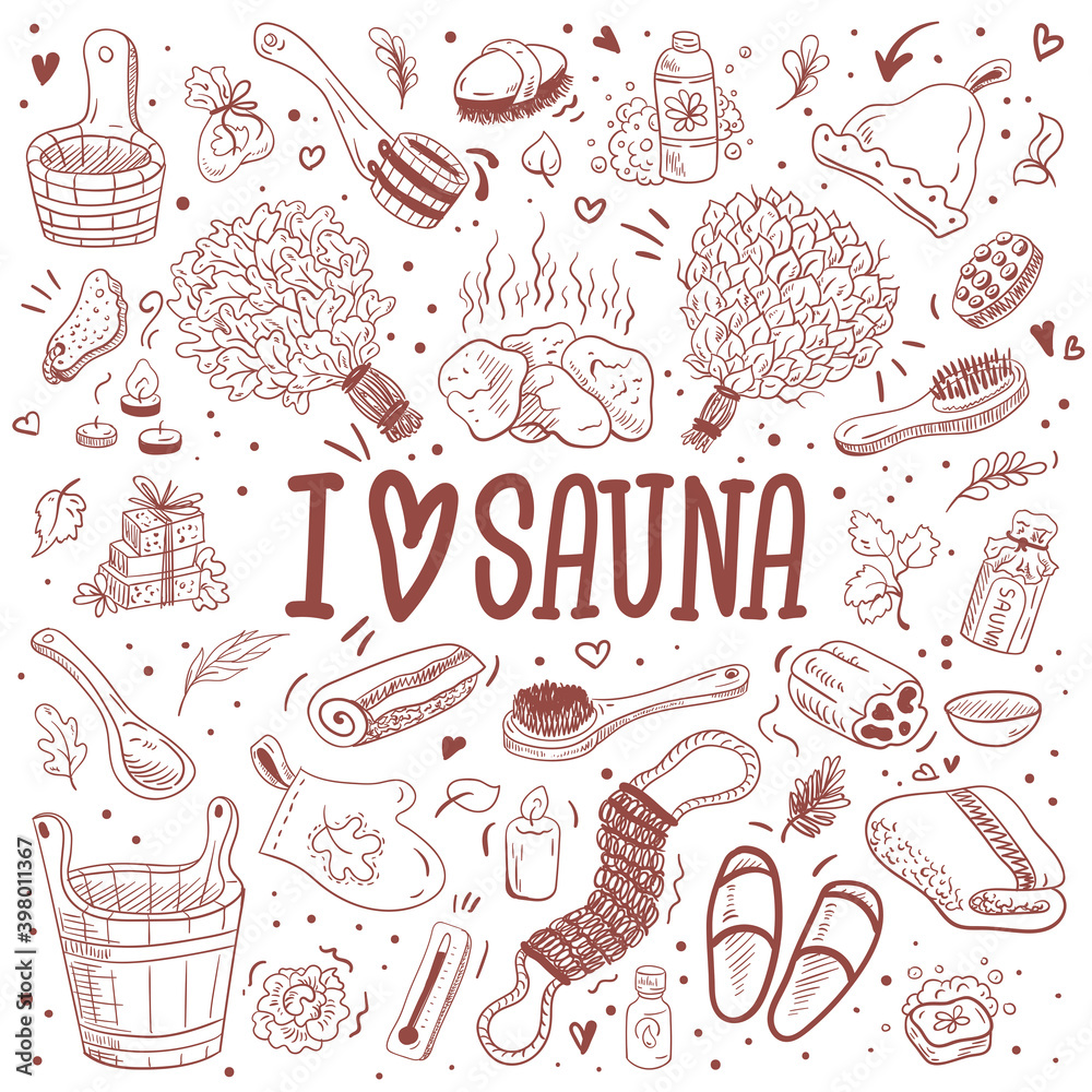 Collection of sketches of icons "I love sauna". Sketches of items for ...
