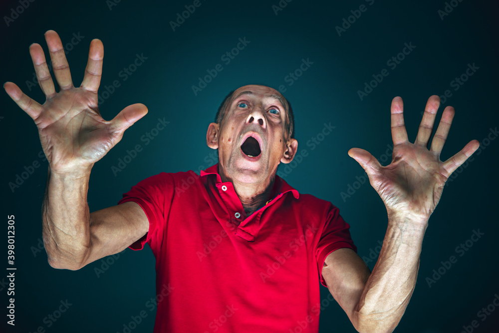 Pushing away from. Portrait of crazy scared and shocked caucasian man ...
