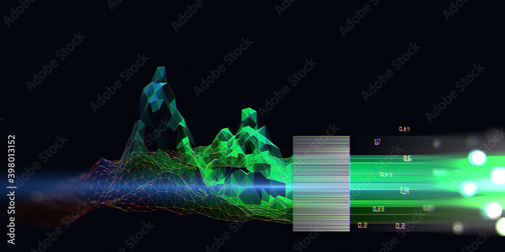 Abstract technology background with polygonal wave algorithm analyze data with blurred lines ...