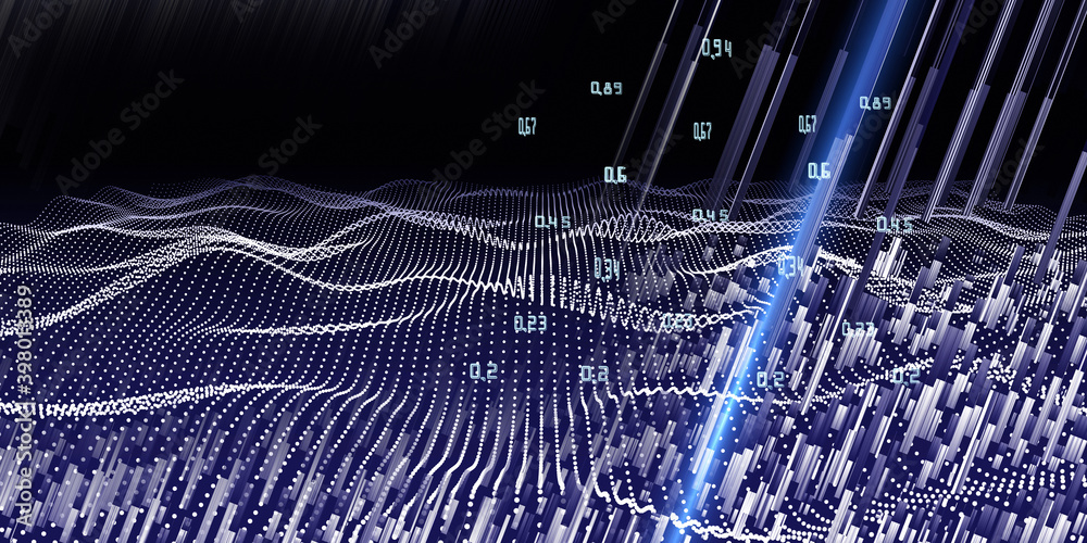 Abstract technology background of artificial intelligence with dotted waves. Quantum virtual ...