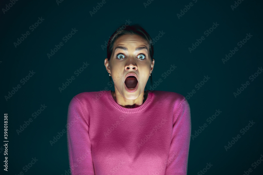 Extreme. Portrait of young crazy scared and shocked caucasian woman ...