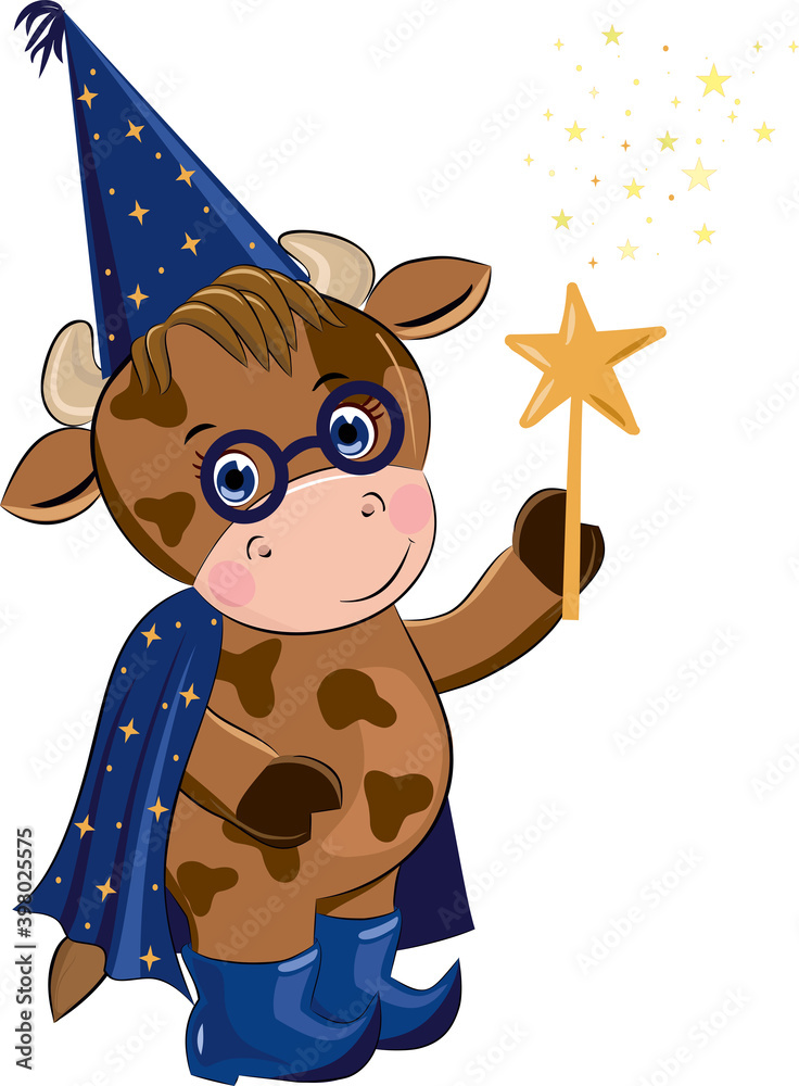 Bull-wizard. Stargazer cow on a white isolated background. Vector ...