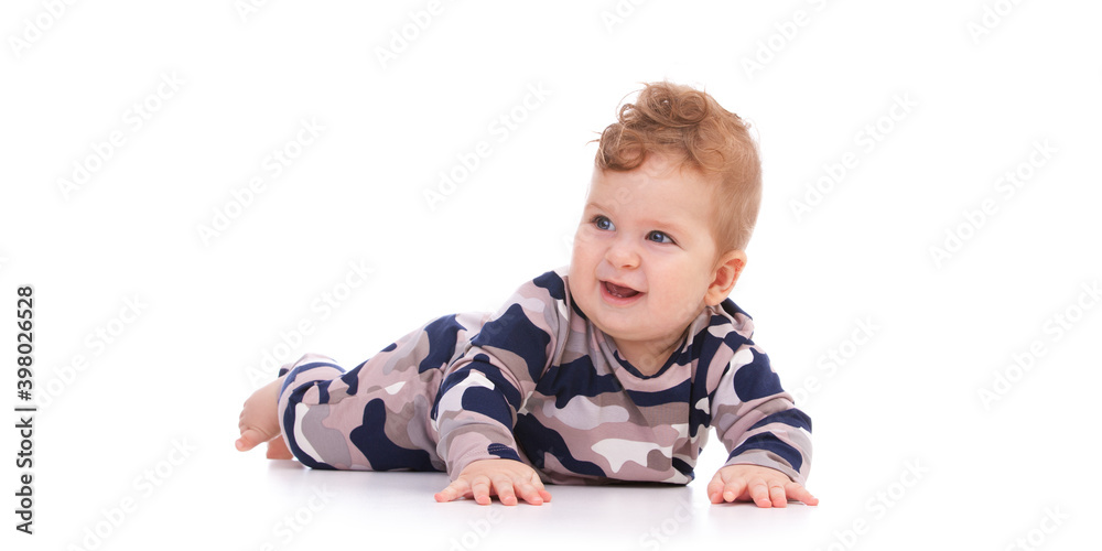 Cute laughing baby isolated on white background. Happy childhood. Close ...
