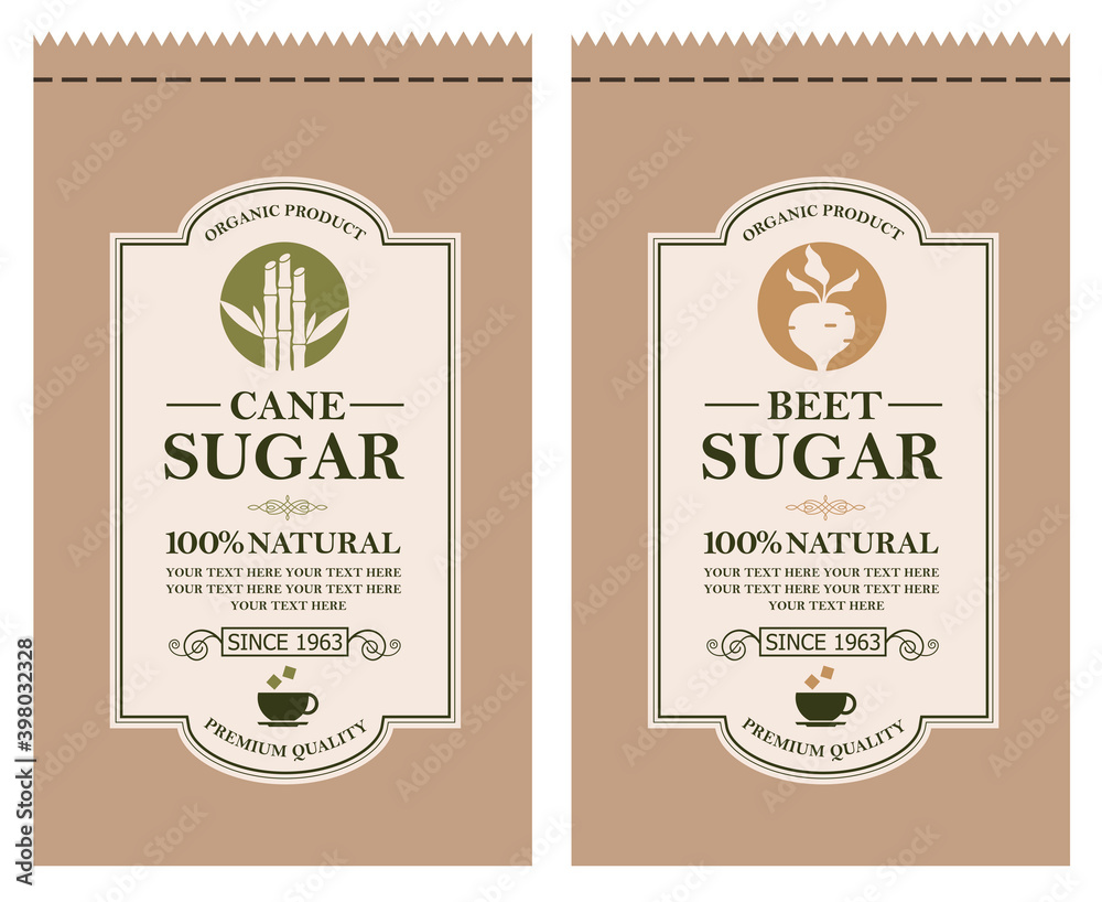 cane and beet sugar labels for paper package isolated on white ...