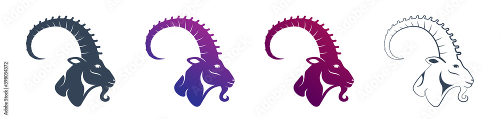 Set of goat head profile icons with a large horn. Side view. Zodiac ...