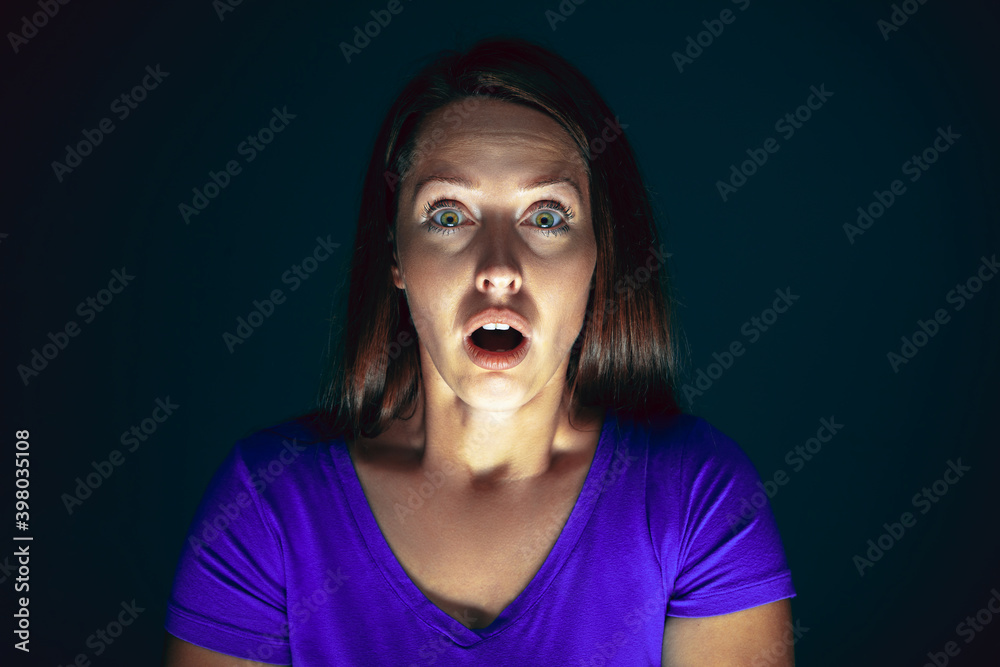 Extreme. Portrait of young crazy scared and shocked caucasian woman ...