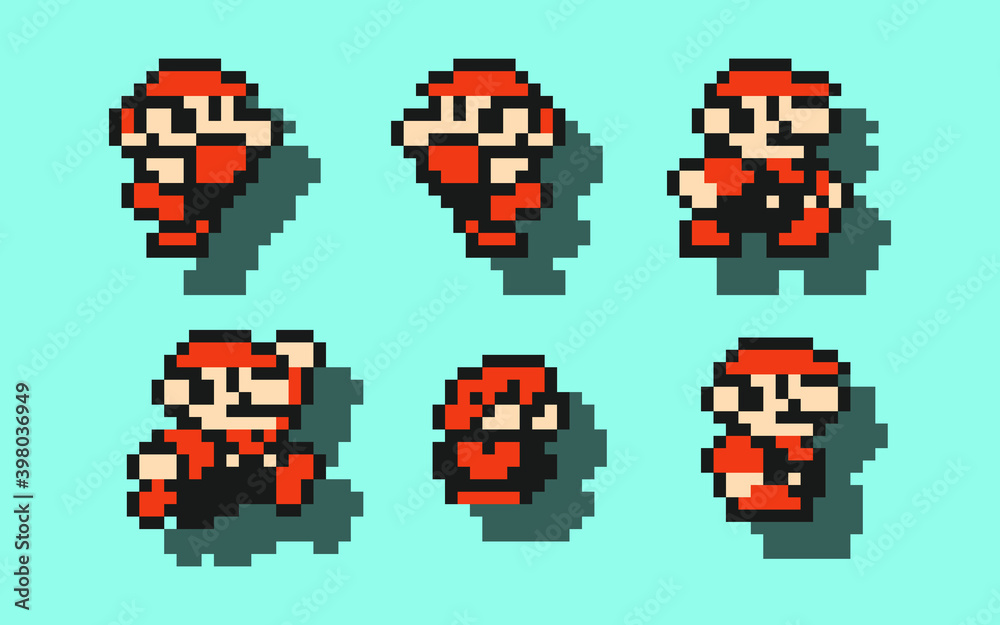 Set of Mario moves, art of Super Mario Bros 3 classic video game, pixel ...