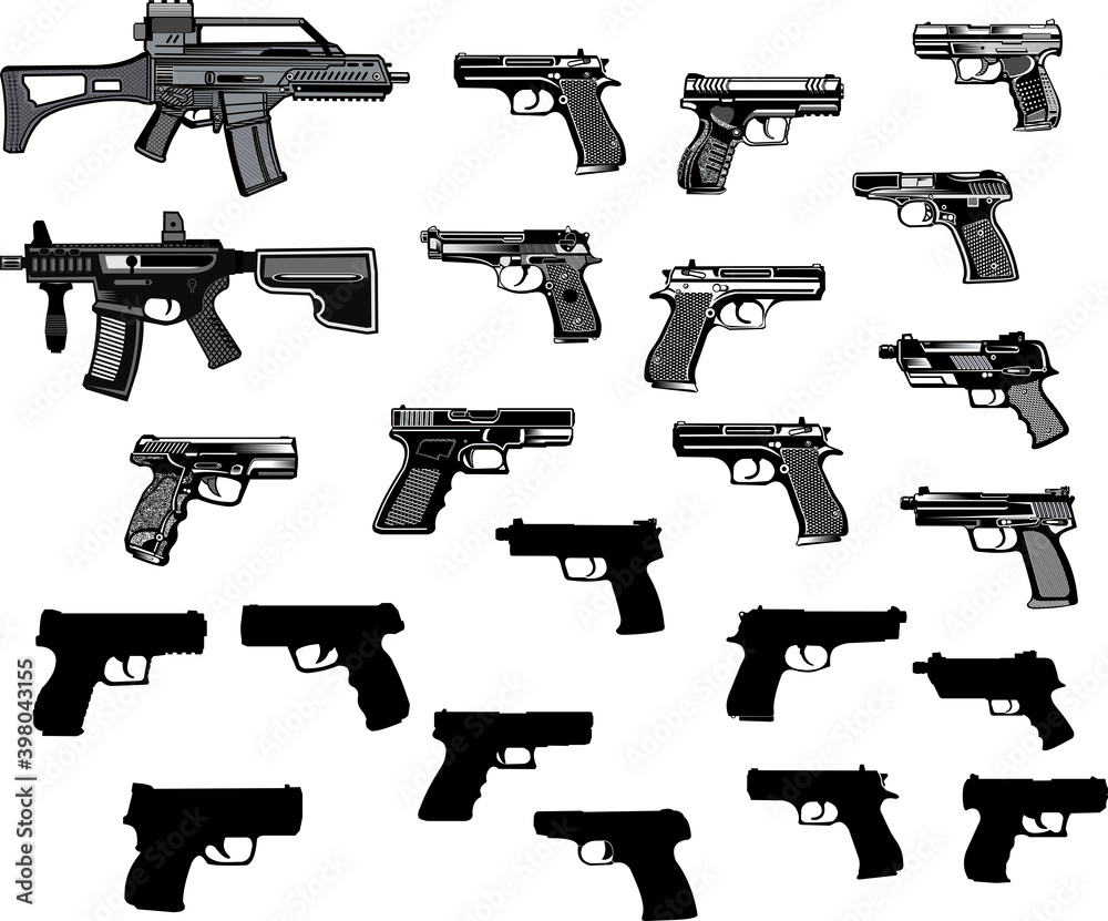 Modern Guns: automatic weapon, machine gun and pistol Stock Vector ...