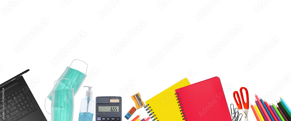 School supplies and covid 19 prevention items. Bottom border on a white ...