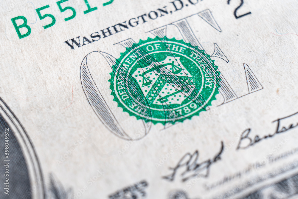 One dollar bill close up photo. Detail of US one dollar banknote with ...