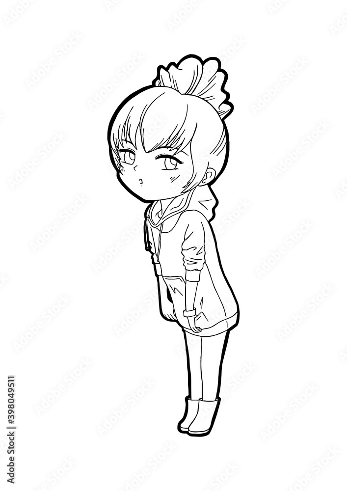 Black line a cute girl bun hairstyle standing poses. Hand drawn chibi ...