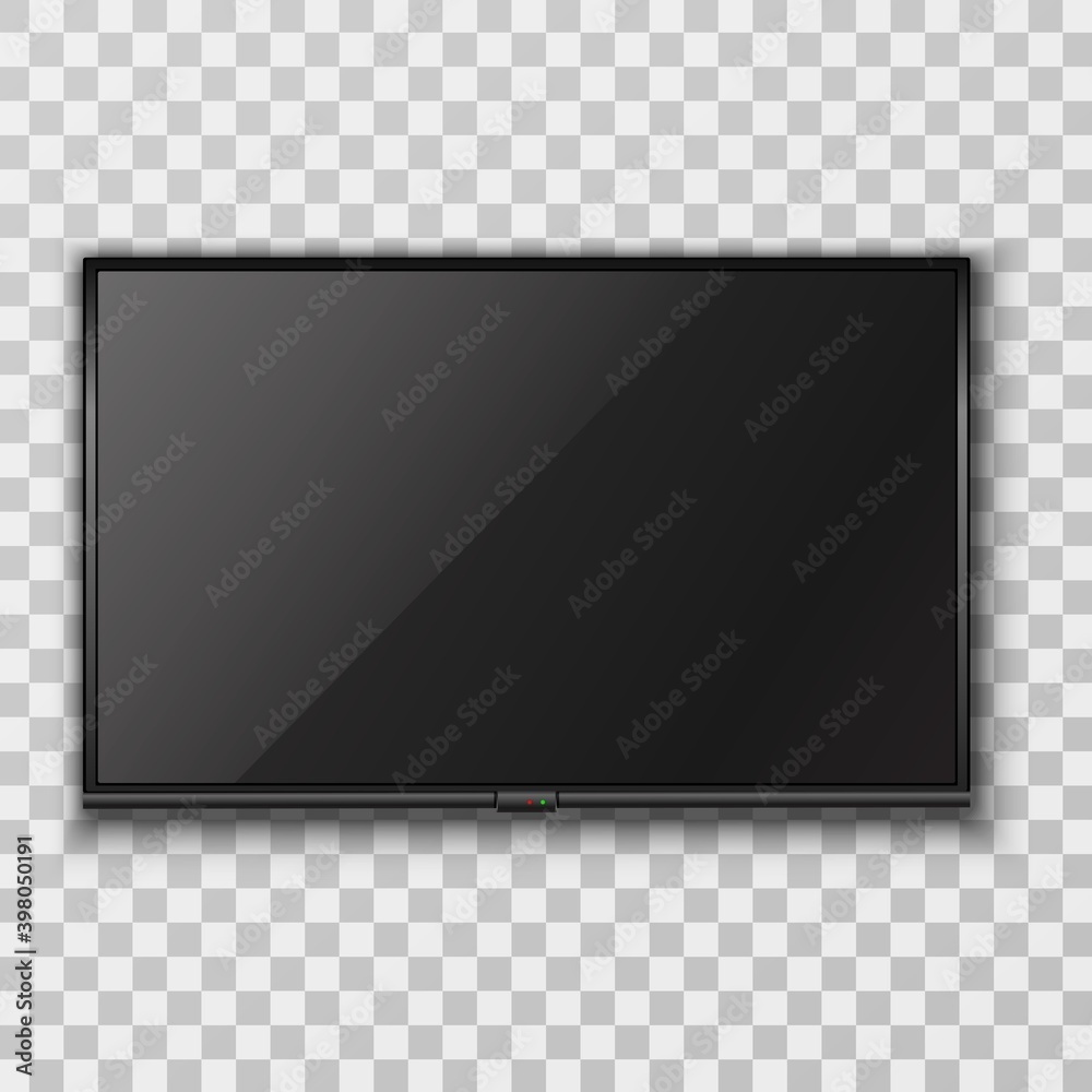3d realistic vector black screen TV hanging on the wall, transparent ...