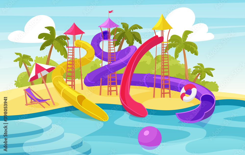 Water amusement park vector illustration. Cartoon aquapark summer ...