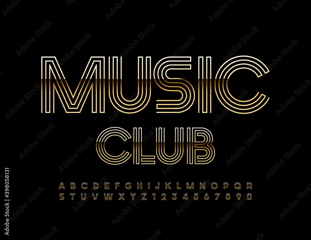 Vector creative sign Music Club. Maze style Font. Gold modern Alphabet ...