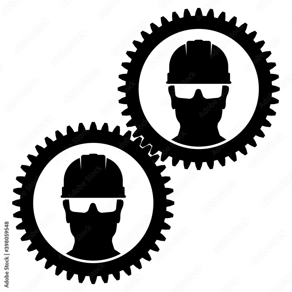 Stylized logo of construction worker in hard hat. Gear symbol ...
