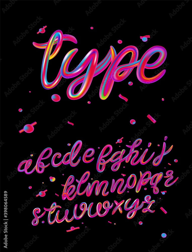 Type. Alphabet set of iridescence holographic and multicolor 3d letters ...