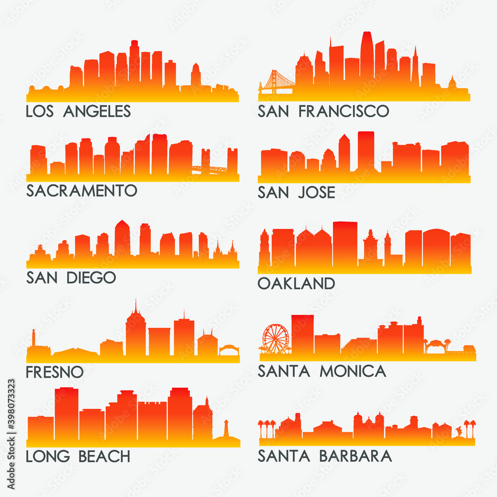 California USA Skyline City Silhouette Design Collection. Vector ...