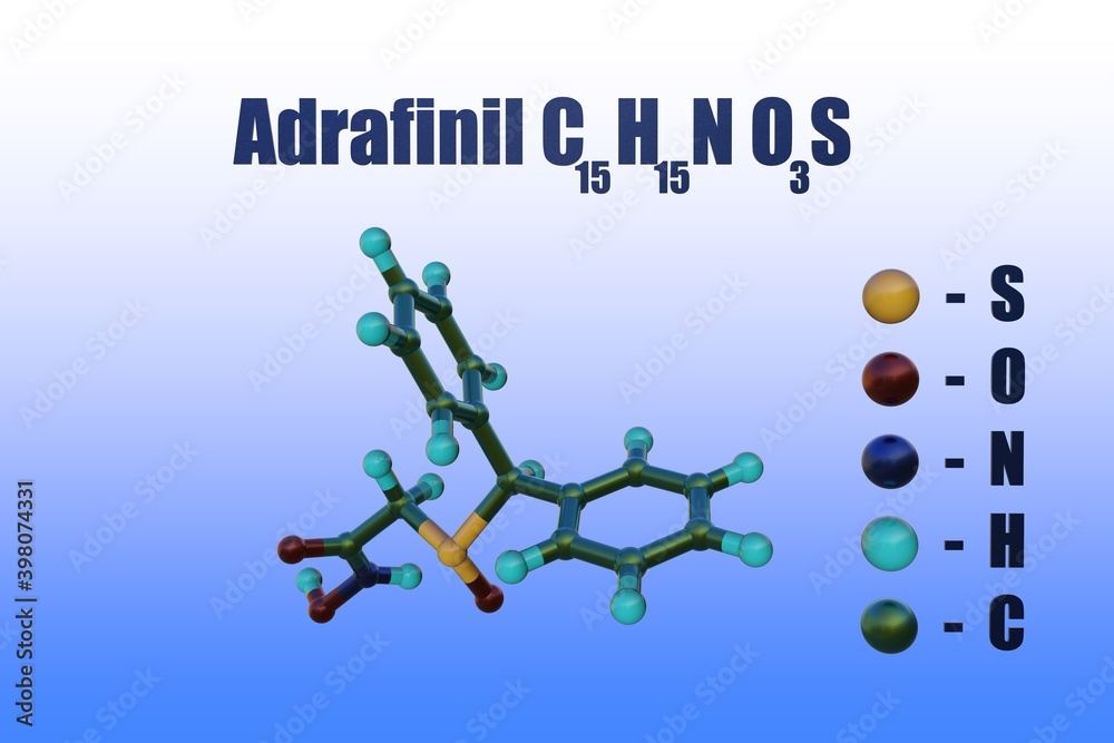 Structural chemical formula and molecular model of adrafinil, a central ...