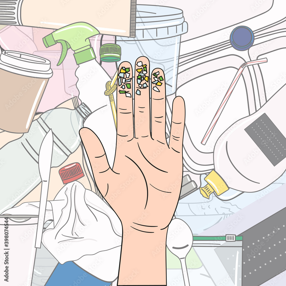 Micro beads on fingers. Microplastics from mismanaged plastic waste ...