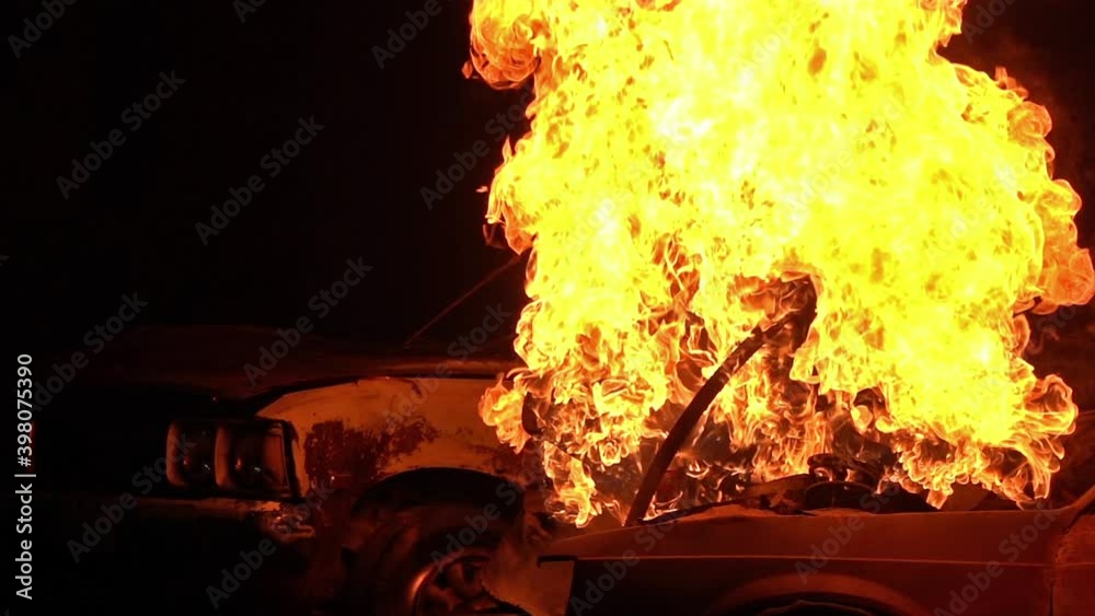 FHD Slow motion Fire flames from car accident of traffic collision in ...
