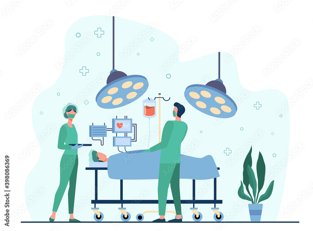 Professional surgeons surrounding patient on operation table flat ...