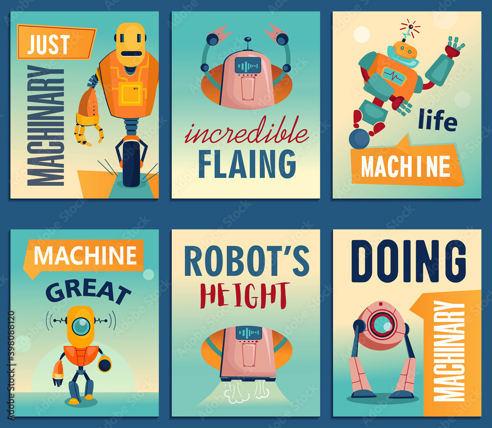 Cartoon robots flyers set. Machines, cyborgs, electronic assistants ...