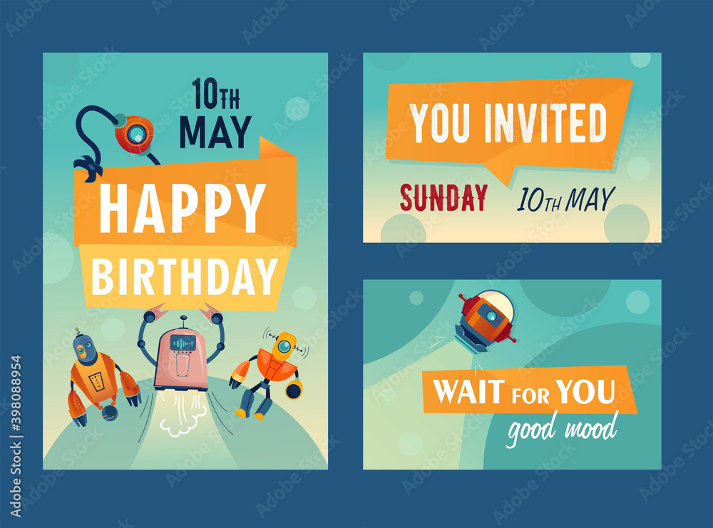 Invitation cards set with cartoon robots. Machines, cyborgs, assistants ...