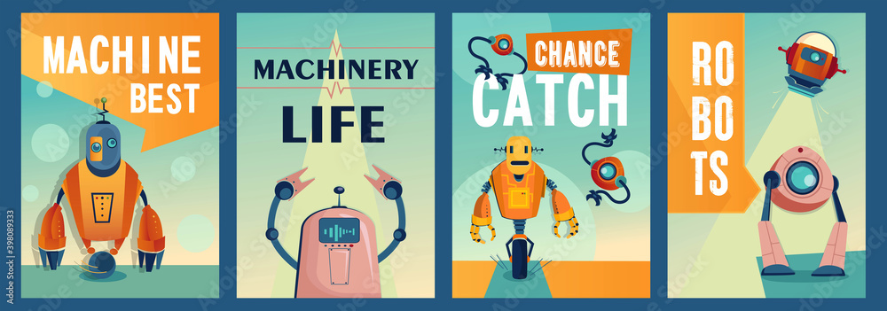 Robotic characters posters set. Robots, cyborgs, electronic assistants ...