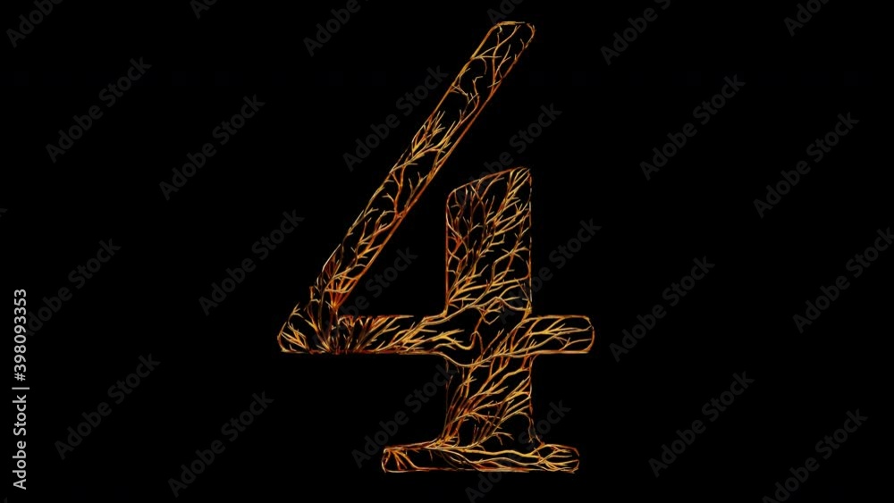 Isolated number four overgrowing with golden branches and roots with ...