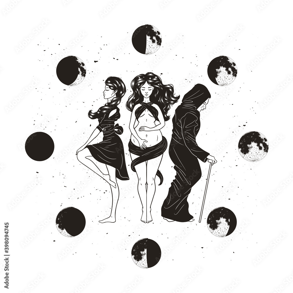 Three women figures, symbol of Triple goddess as Maiden, Mother and ...