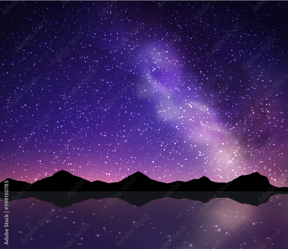 Vector background with realistic night landscape. Night sky with milky ...