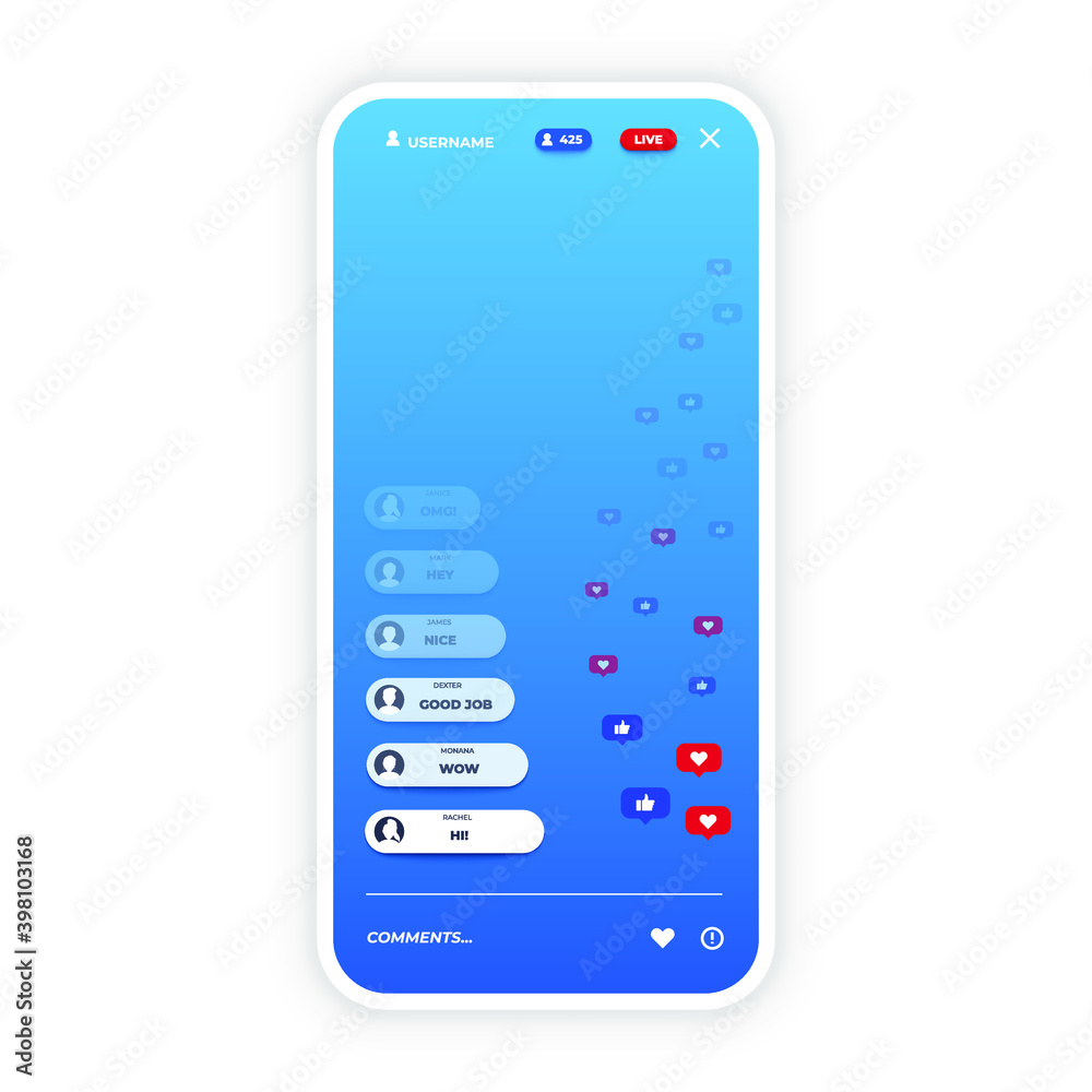 Live streaming mockup. Video stream interface with emoji for social ...