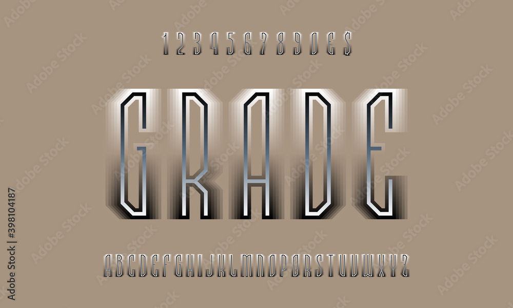 Grade layered display font. Black white gradient letters, numbers and ...