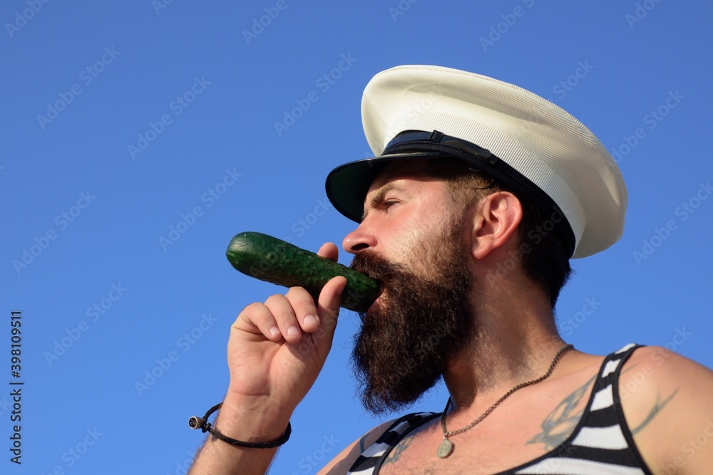 Funny captain sailor wearing hat. Seaman fun. Portrait of serious funny ...