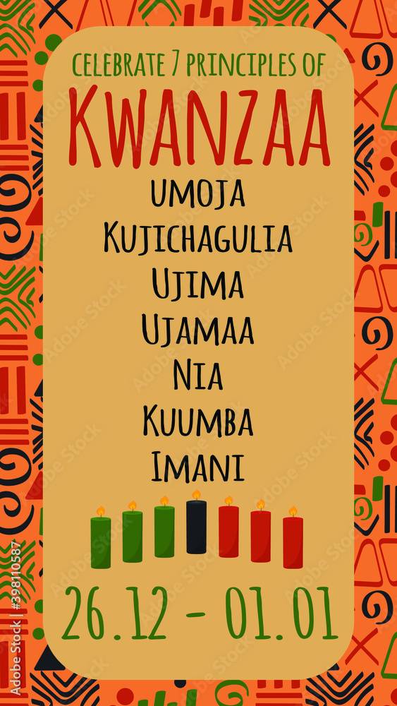 Poster happy Kwanzaa celebration with name of seven principles of ...
