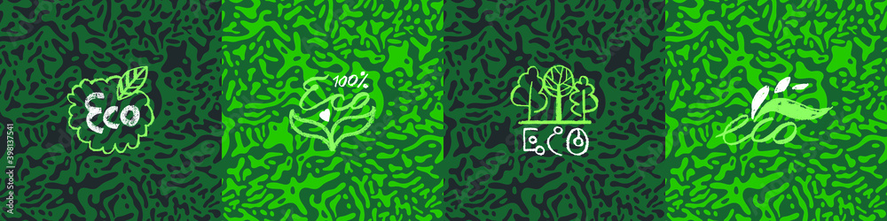 Ecology icon set on abstract nature pattern. Eco badges set in vector ...
