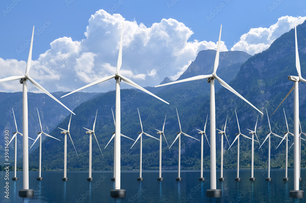 Floating wind turbines installed in water near mountains. Alternative ...