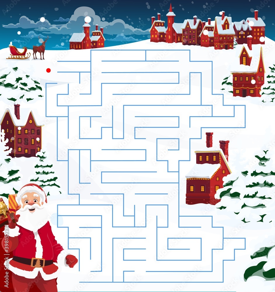 Child Christmas maze, labyrinth game template with Santa, reindeer and ...