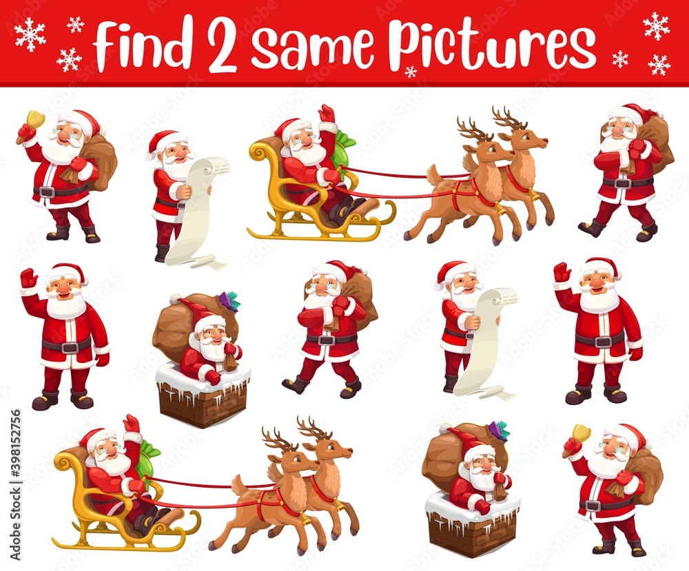 Christmas matching game with Santa characters. Cartoon vector template ...