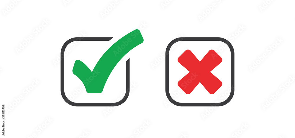 Check mark icons. Green tick and red x. Approval and decline symbols ...