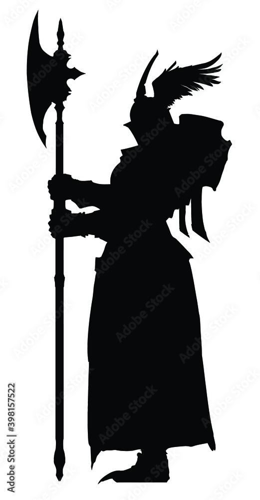 The silhouette of a knight guard in full plate armor, wearing a helmet ...