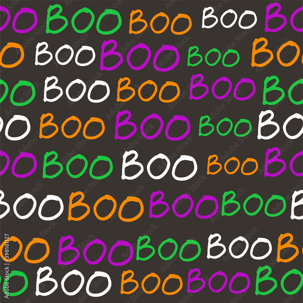 colorful hand drawn lettering isolated on black background. BOO ...