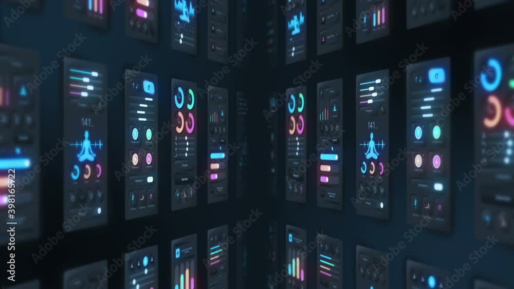 Hi tech panel of yoga application on dark background. Fitness and ...