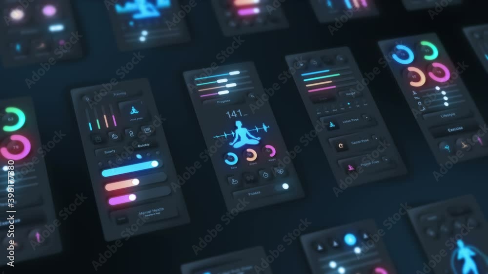 Hi tech panel of yoga application on dark background. Fitness and ...