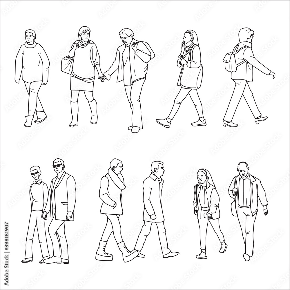 Diverse various people walking set outline sketch black and white ...