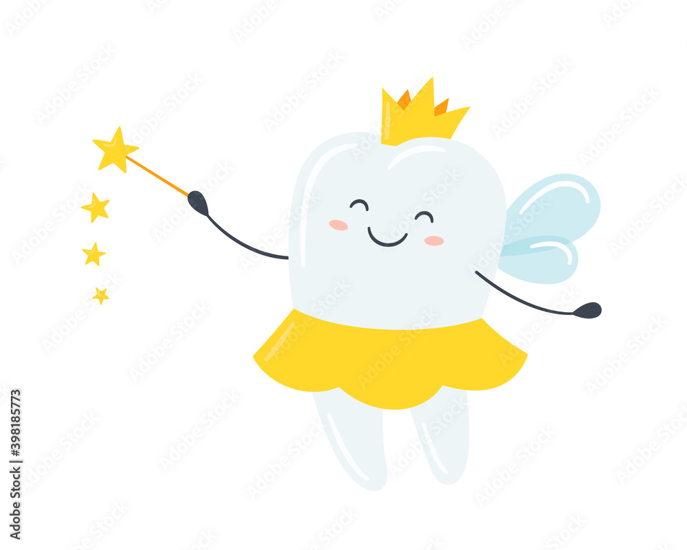 Children tooth fairy. Cute tooth with wings, a crown and a magic wand ...