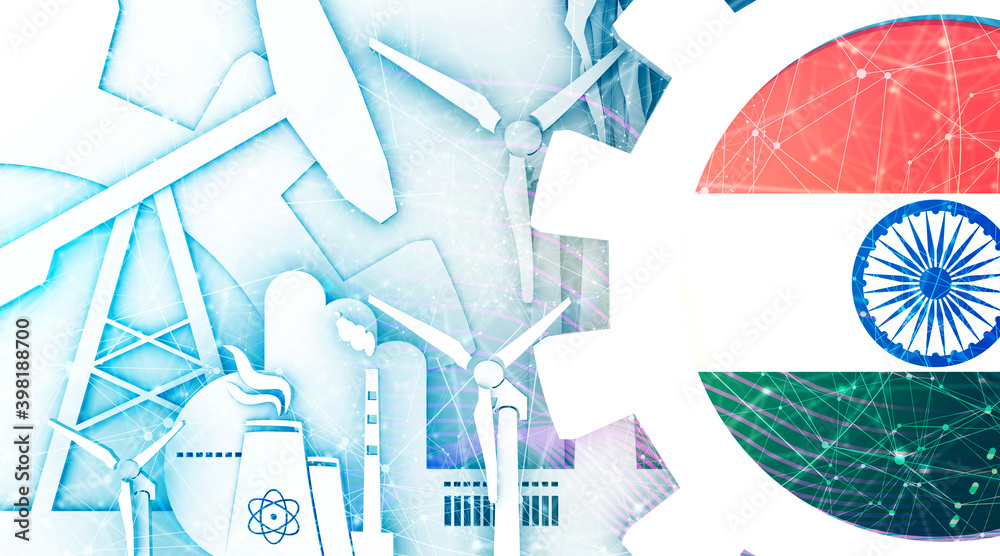 Energy and Power icons set. Flag India in gear. Sustainable energy ...