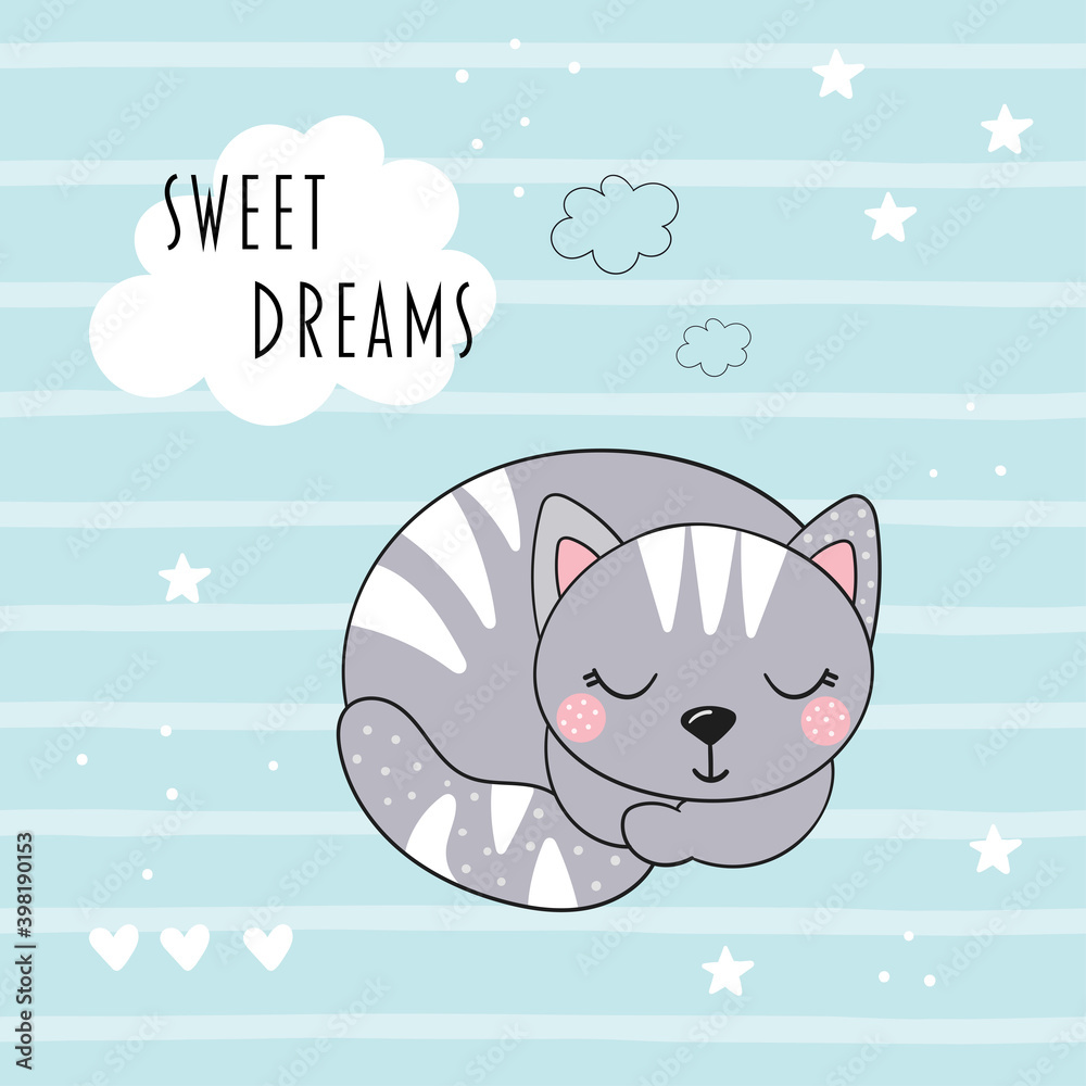 Cute cat print for kids. best friends card. Cartoon flat vector ...